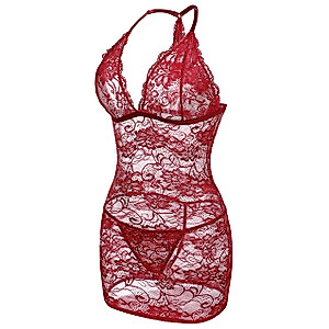 Gladiolus Lingerie Dress for Women Lace Chemise Babydoll Bodycon Teddy Nightwear Dark Red M