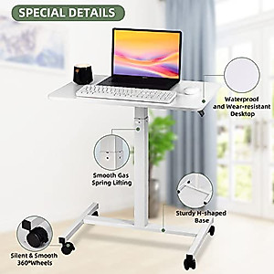 VELOCVIL Pneumatic Height Adjustable Rolling Laptop Desk, 28 Inch Heavy Duty Sit to Stand Mobile Laptop Table with Wheels for Office, Home, Bedroom or Couch, White