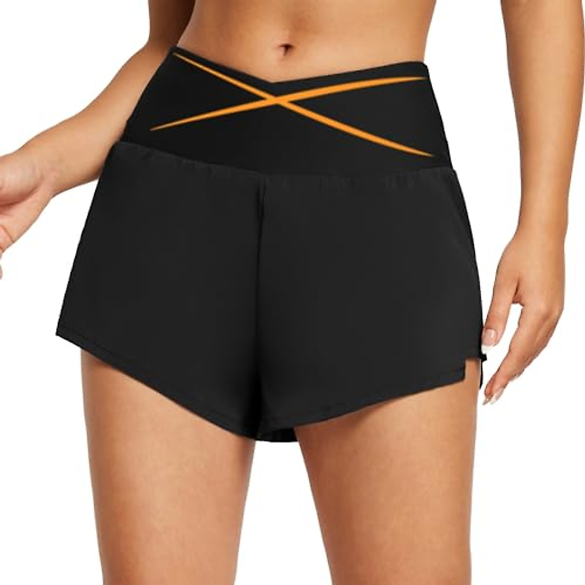 BALEAF 3" Swim Shorts Women High Waisted Board Shorts with Liner Tummy Control Cross Waist Swimsuit Bottoms Modest Black L