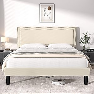 VECELO Queen Size Platform Bed Frame with Height Adjustable Upholstered Headboard, Modern Mattress Foundation,Strong Wood Slat Support, No Box Spring Needed, Easy Assembly
