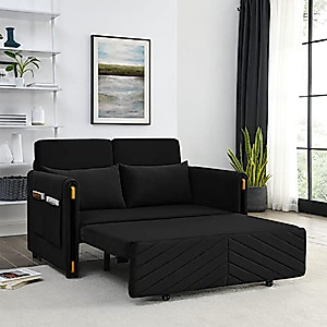 KIVENJAJA Convertible Sleeper Sofa Bed, Modern Velvet Loveseat Couch with Pull Out Bed, Small Love Seat Futon Sofa Bed with Headboard, 2 Pillows & Side Pockets for Living Room, 54” (Black)