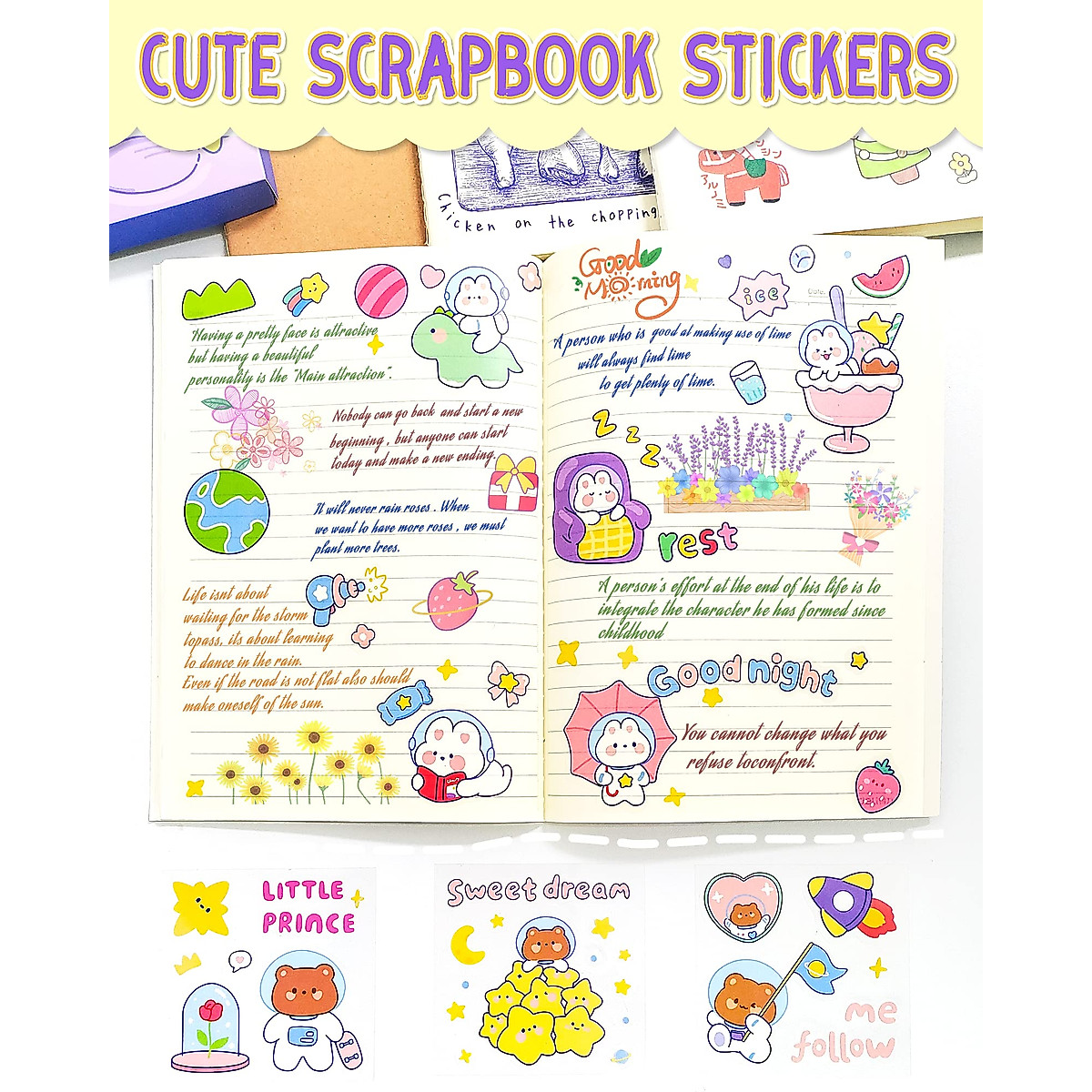 1000 Pcs Cute Stickers for Kids, Water Bottle Stickers Kawaii Waterproof Vinyl Scrapbook Phone Laptop Stickers, 100 Sheets Journaling Aesthetic Sticker Packs for Girls Teens（Purple）