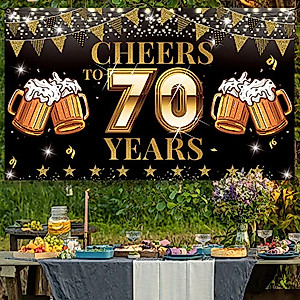 70th Birthday Decorations Banner for Men Women, Cheers To 70 Years Birthday Party Sign, 70 Years Old Birthday Backdrop, Black Gold 70th Anniversary Photo Props for Outdoor Indoor, Large, Vicycaty