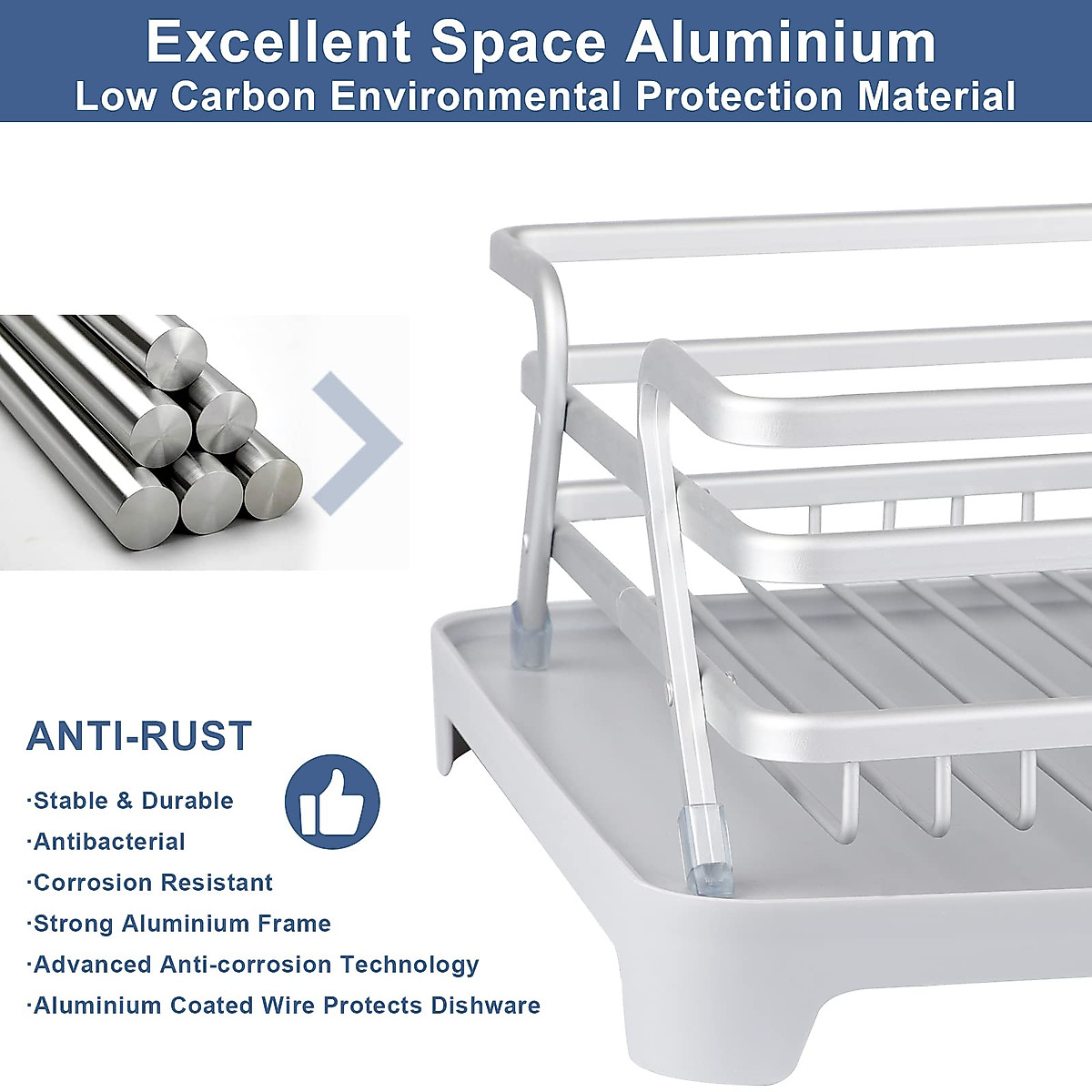 [Upgraded] Aluminum Dish Drying Rack, ROTTOGOON Rustproof Dish Rack and Drainboard Set with Drainage, Utensil Holder, Cup Holder, Compact Dish Drainer for Kitchen Counter, 16.9"L x 12.2"W, Light Gray