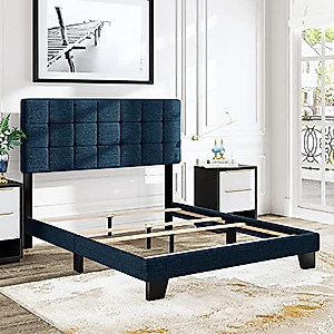 Allewie Queen Size Panel Bed Frame with Adjustable Headboard for High Profile/Fabric Upholstered/Square Stitched Padded Headboard/Box Spring or Bunkie Board Required/Navy Blue