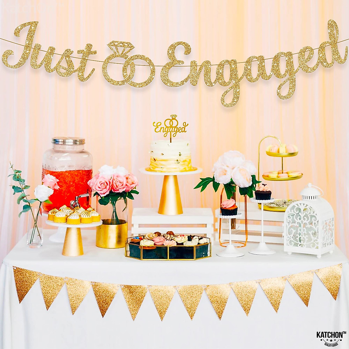 KatchOn, Glitter Gold Just Engaged Banner - 10 Feet, No DIY | Engagement Banner for Just Engaged Decorations | Engagement Party Decorations | Just Engaged Sign | Engagement Decorations