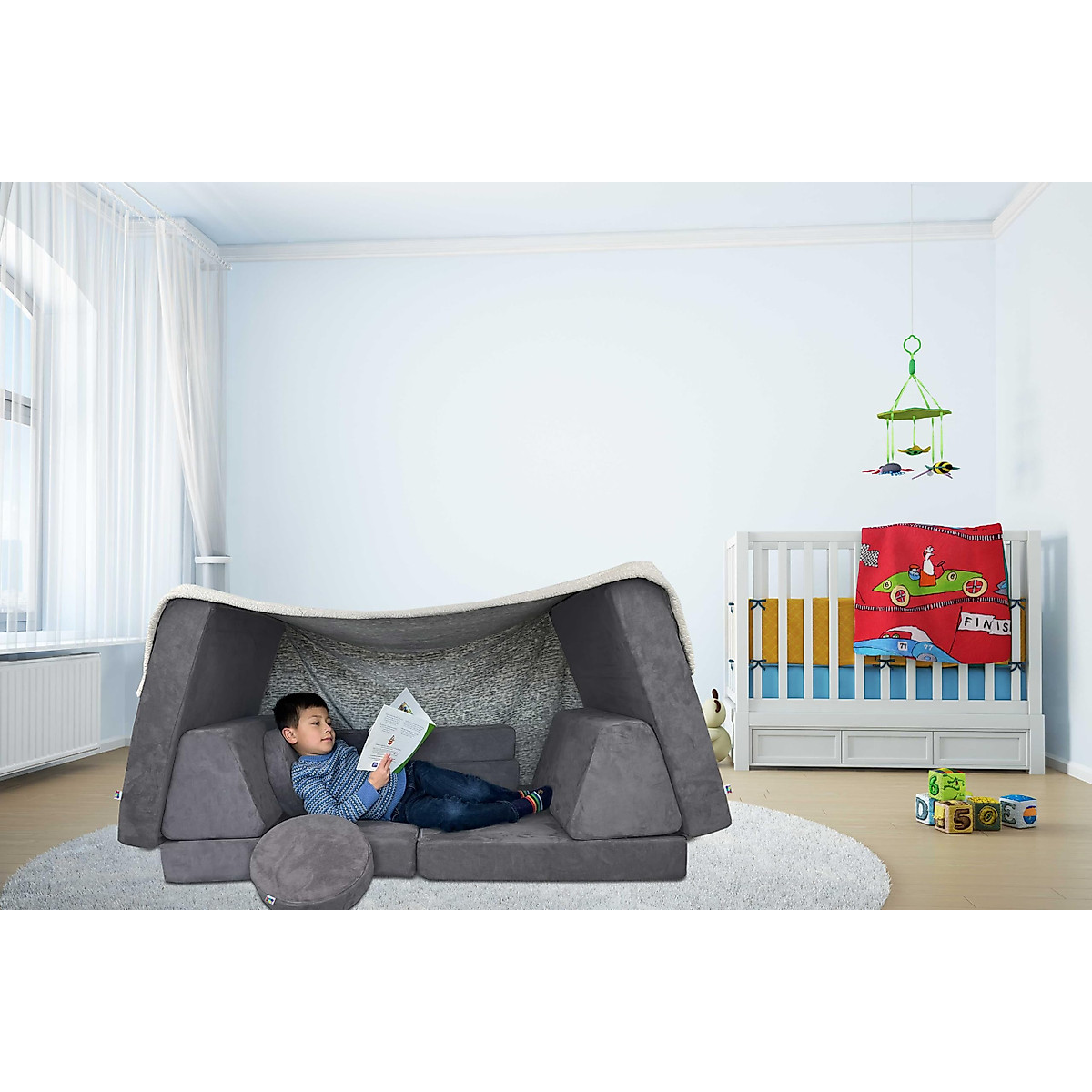 Mod Blox 10 Piece Soft Modular Kids Play Couch for Boys and Girls ｜ Child Sectional Fort Building Sofa for Toddlers Playroom with Microsuede Covers + High Density Convertible Foam Cushions (Dark Gray)