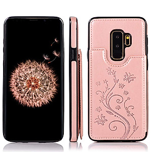 Phone Case for Samsung Galaxy S9 Plus with Tempered Glass Screen Protector and Card Holder Wallet Cover Stand Flip Leather Cell Accessories Glaxay S9+ 9S 9+ S 9 9plus S9plus Cases Women Rose Gold