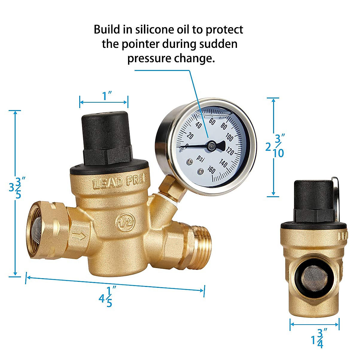 Esright Brass Water Pressure Regulator 3/4 Lead-Free with Gauge for RV Camper Adjustable Water Pressure Regulator,Build-in Oil (NH Threads)
