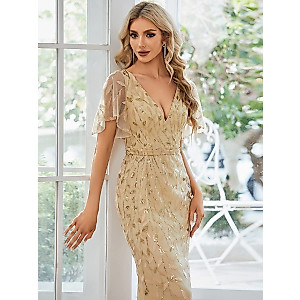 Ever-Pretty Women's Ruffles Sleeves Sequin Embroidery Evening Mother of The Bride Dress Gold US20