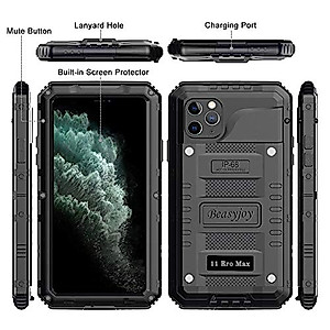 Beasyjoy iPhone 11 Pro Max Case Waterproof Metal Case Heavy Duty Built-in Screen Full Body Protective Shockproof Military Grade Black