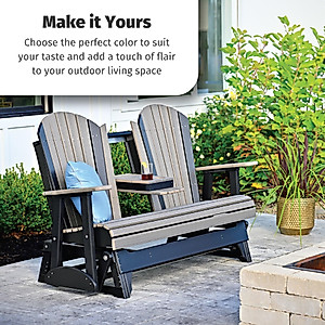 LuxCraft 5' Adirondack Double Glider Bench, 2 Person Glider Chair, Outdoor Glider Bench, Outdoor Loveseat Glider (Weatherwood on Chestnut Brown)