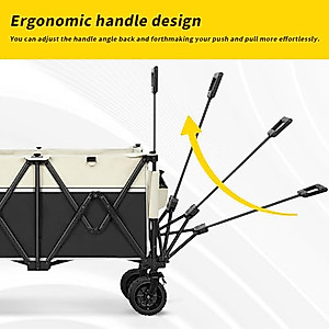 Heavy Duty Utility Collapsible Wagon with All-Terrain 4in×7in Wheels,Load 440 Lbs,Portable 200L Large Capacity Beach Wagon,Adjustable Handle for Garden,Outdoor,Camping,Beach, Shopping (Black & Khaki)