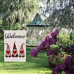 Welcome Valentines Day Garden Flag Vertical Double Sided Buffalo Plaid Gnome Love Heart Spring Garden Flag, Valentine's Day Holiday Anniversary Wedding Yard Outdoor Decoration 12.5 x 18 Inch