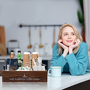 Ismosm Coffee Station Organizer, Farmhouse Coffee Bar Accessories Organizer Basket for Countertop, Office Coffee Station, Wooden Tray for Coffee Supplies and Essentials, Sugar, Syrup,Tea (Brown)