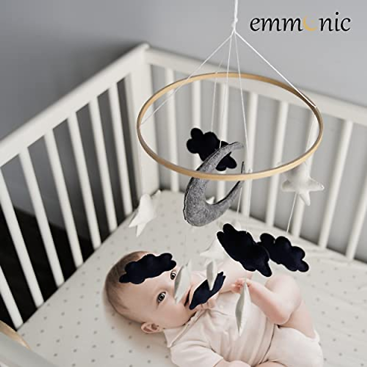 EMMNNIC Baby Mobile for Crib - Modern Boho Baby Mobile - Felt Nursery Mobile for Boy - White Stars - Navy Blue Clouds and Moon.