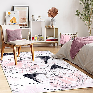 Butterfly Pink Rugs for Bedroom Girls, Washable 5x7 Area Rugs for Living Room Ultra-Thin Soft Nursery Rug, Modern Insect Print Non Slip Carpet Rug for Kids Girl Classroom Play Room Office