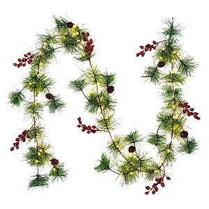 KaKaPops Christmas Garland with Lights, 6 FT Battery Operated Garland with 60 LED Lights, Timer, Lighted Garland with Berries Pine Cones for Mantle Stairs Railing Home Xmas Decoration Indoor