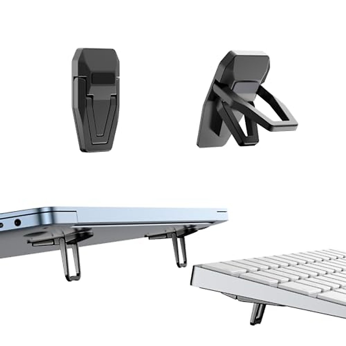 PONICOR Zinc Alloy Computer Keyboard Stand for Desk, Foldable Keyboard Riser with 2 Angle Adjustable, Self-Adhesive Invisible Laptop Stand for Desk, Mini Portable Keyboard Lift (2pcs, Black)