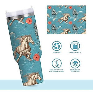 Burbuja Running Horses Hibiscus 40oz Insulated Tumblers with Handle and Straw Lid, Double Wall Stainless Steel Travel Mug Leak-Proof, BPA Free, Gift for Mom Dad