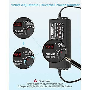 Aclorol 120W Universal Power Adapter 12V 10A Power Supply Adjustable AC/DC Adapter 100-240V AC to DC 12V 9V 6V 5V 3V 10A 8A 6A 5A 4A 3A Variable Switching Converter with Polarity Converter & 14 Tips