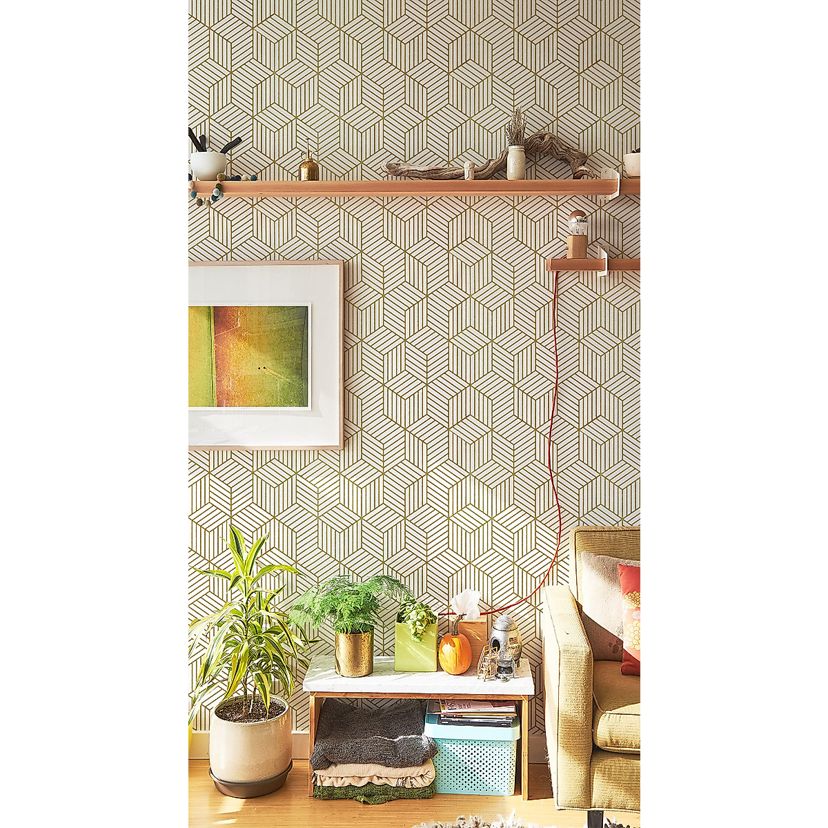 Geometric Wallpaper Peel and Stick Wallpaper Removable Self Adhesive Wall paper White/Gold Striped Hexagon Contact Paper for Cabinets Shelf Drawer Liner Renter Friendly Vinyl Roll 17.7"x118.1" Upgrade