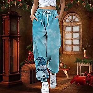 High Waisted Sweatpants for Women,High Waisted Sweatpants for Women Christmas Snowman Print Elastic Waisted Workout Active Joggers Drawstring Wide Leg Trouser Elk Print Sky Blue XL