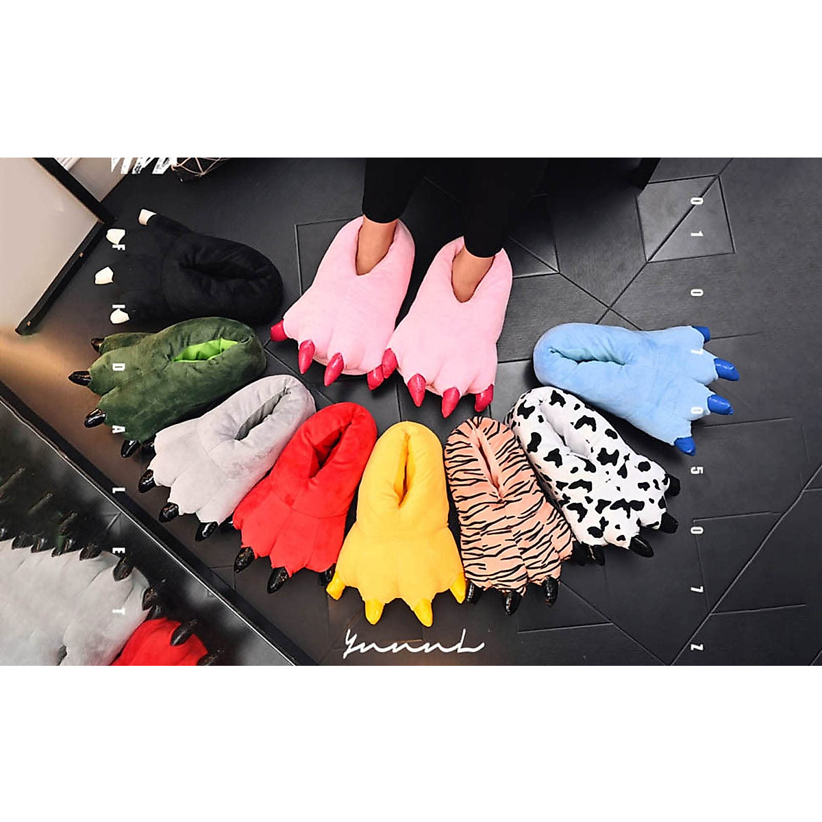 IXITON Unisex Funny Animal Paw slippers Shoes Furry Dinosaur bear Claw Slippers Cartoon plush slippers for men women girl boy kids elder,S,YELLOW