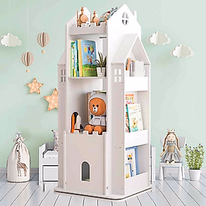 MOUDAO Kids Bookshelf 360° Castle White Rotating Bookshelf Toy Storage Organizer Rack Revolving Corner Bookshelf for Kids Toddler Children Home Office Furniture Bookcase