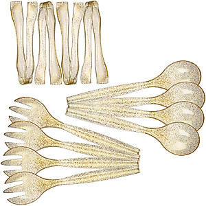 Plastic Serving Utensils, Heavy Duty Disposable utensil,12 Pack, Four 10” Spoons and Forks, Four 6-1/2” Tongs, Gold
