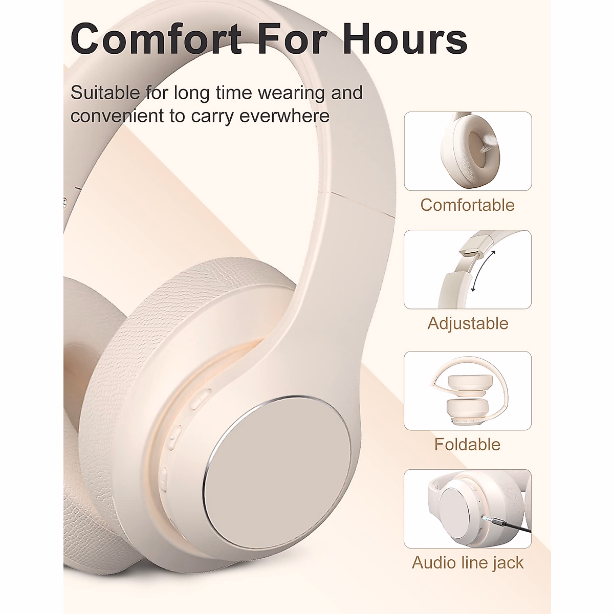 Intoberp Wireless Bluetooth Headphones Over Ear, 40 Hours Playtime Wireless Headphones with Microphone,Foldable Light Weight Headset with HiFi Stereo Sound for Travel Work (Beige)