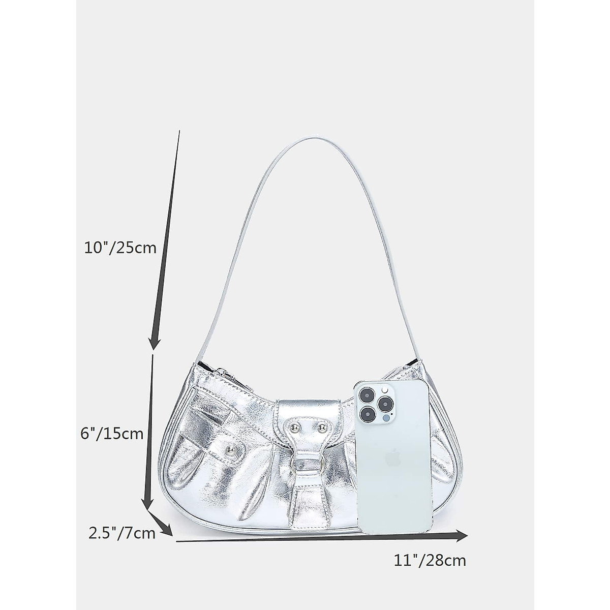 Verdusa Women's Pleated Hobo Shoulder Bag Metallic PU Leather Clutch Handbag Silver one-size