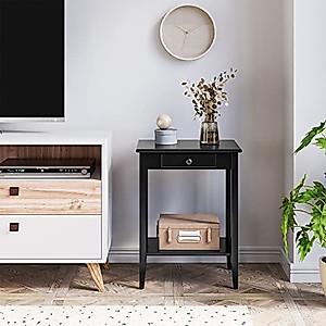 IDEALHOUSE Black End Table with Drawer, Side Table for Living Room Bedroom, Wood Nightstand with Shelf, 2-Tier Storage Bedside Table Accent Table Small Table for Small Places