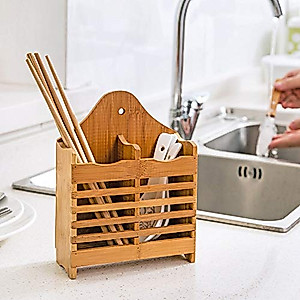 ZSQAI Bamboo Chopsticks Tube Chopsticks Cage Double Row Drain Basket Wall Mounted Chopsticks Rack