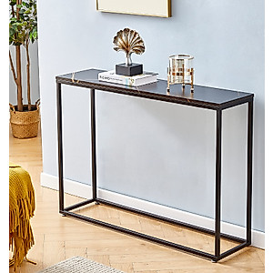 Faux Marble Console Table for Entryway, Modern Sofa Table for Living Room, Marble Entryway Table, Dining Room Bar Table, Display Table for Bedroom, Black Metal Frame (All Black)