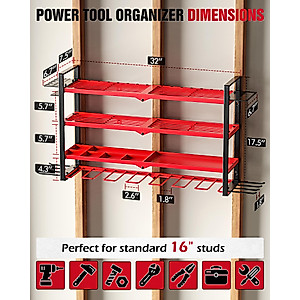 EACONPT Power Tool Organizer, 4 Layer Metal Tool Organizers and Storage, 11 Drill Holder Wall Mount, Power Tool Organizer Wall Mount, Heavy Duty Tool Organizer for Garage Storage, Gifts for Men, Red