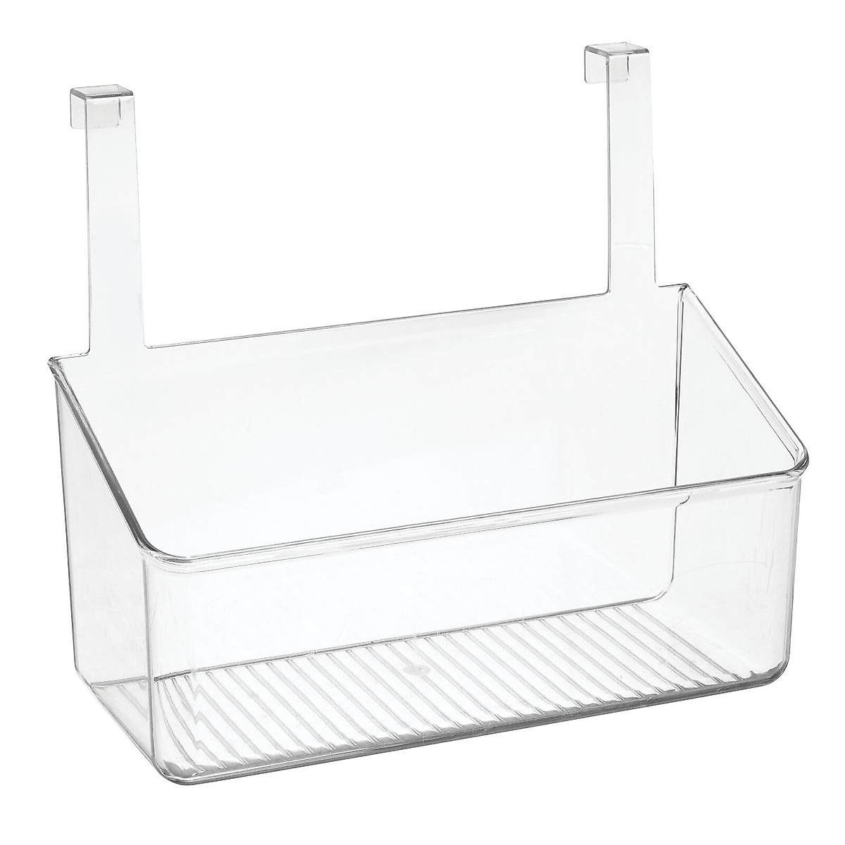 mDesign Plastic Over Cabinet Door Storage Organizer Bin for Kitchen, Pantry, Bathroom, Laundry, Utility Room - Hang Outside or Inside Door - Holds Lunch Bags, Shampoo, Cleaning Supplies, Large - Clear