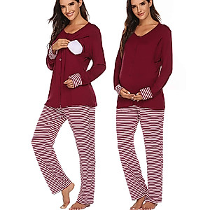 Ekouaer Maternity Nursing Pajama Set Long Sleeves Breastfeeding Sleepwear Soft Hospital Pregnancy pjs Sets L Wine Red