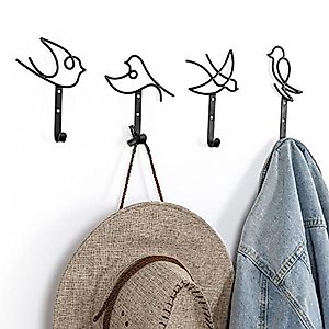 MyGift Wall Mounted Matte Black Metal Coat Hooks with Wire Frame Stenciled Birds, Hanging Storage Key and Hat Rack, Set of 4