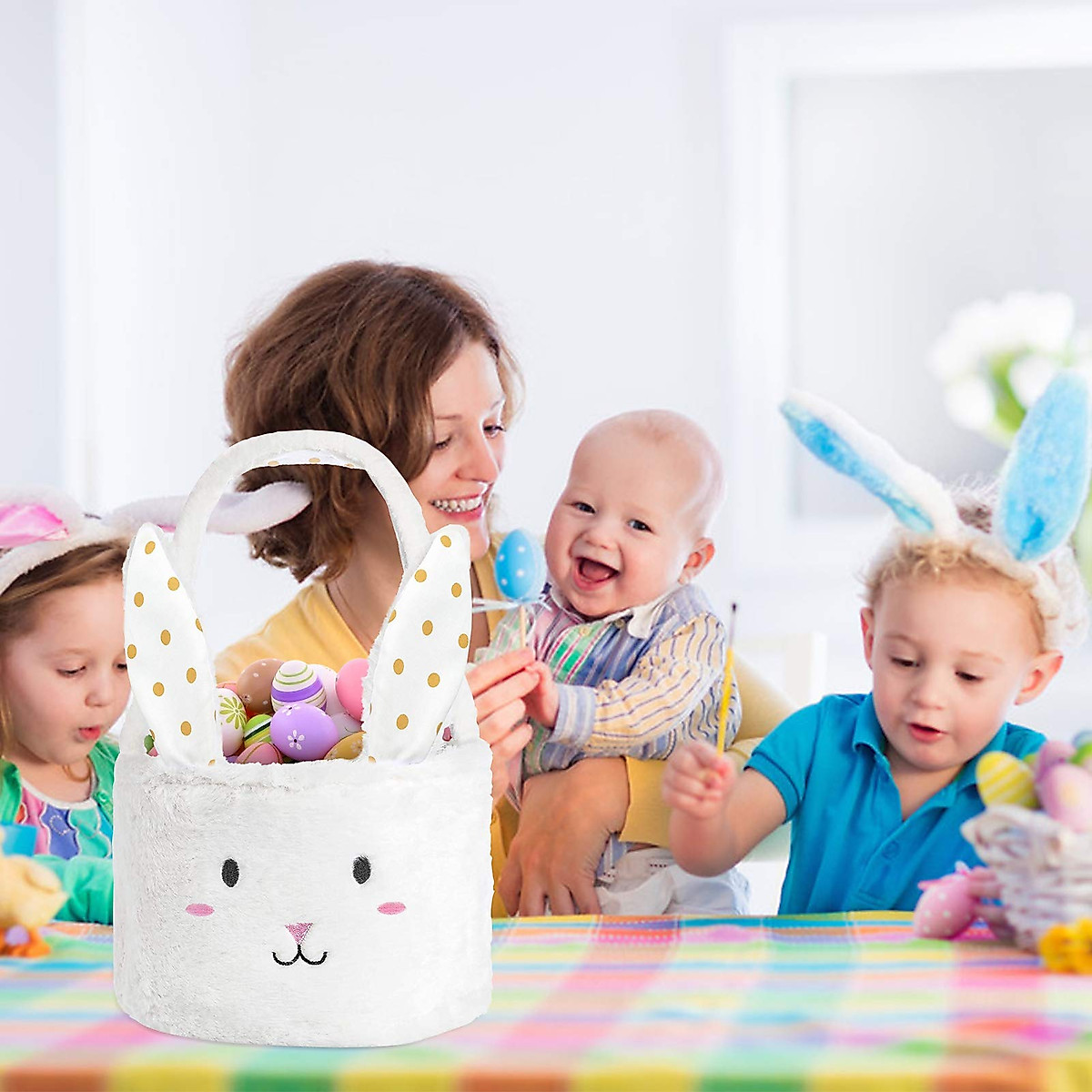 Easter Basket for Toddlers Babies, Cute Fluffy Bunny Basket with Foldable Ears, Easter Baskets Bags for Easter Egg Hunts, Plush Personalized Easter Basket Empty for Kids Girls Boys Gifts, White