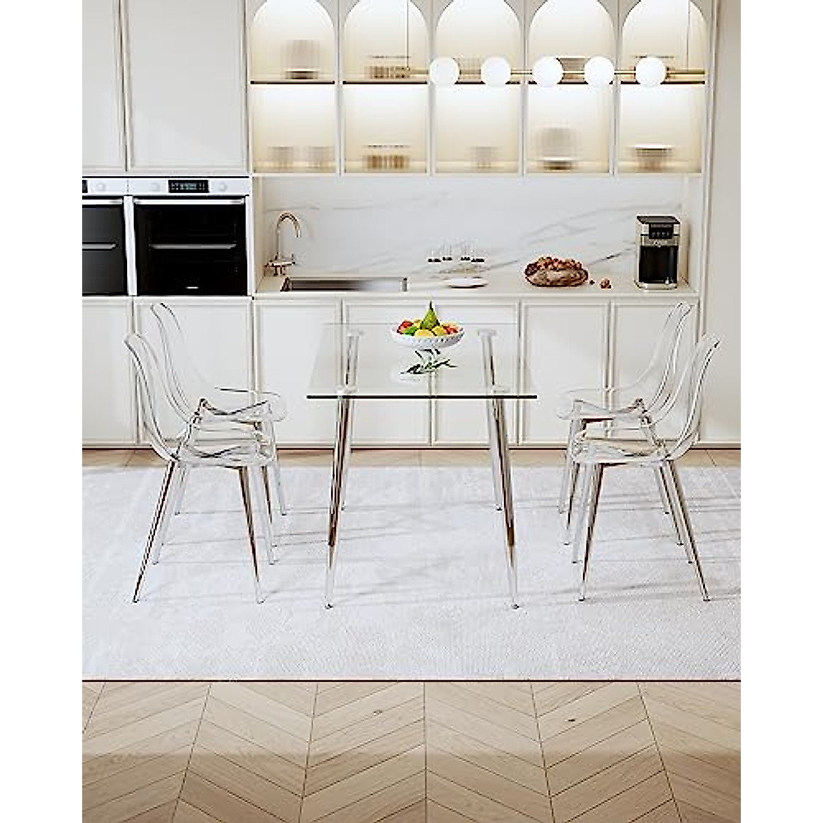 Ufurpie 5 Piece Glass Dining Table Set,47" Kitchen Table and Chairs for 4,Clear Dining Room Table Sets w/Silver Chrome Legs,Modern Dining Room Sets for Home, Kitchen, Dining Room(Silver)