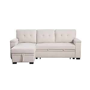 Lilola Home Lucca II 84.5" W Beige Woven Fabric Reversible Sleeper Sectional Sofa with Storage Chaise and Pocket Coil Seating