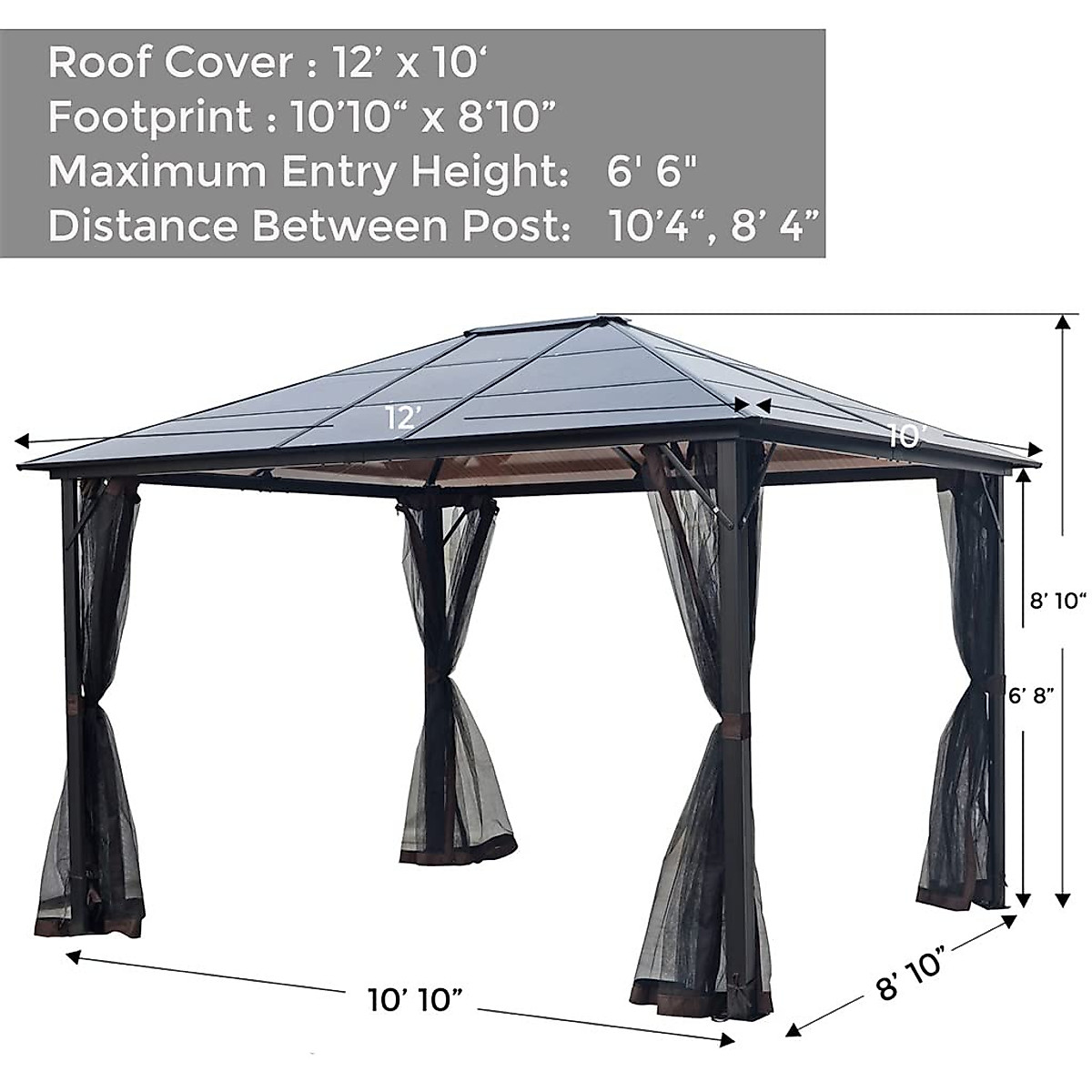 LIUJUN 12 Ft. X 10 Ft. Outdoor Aluminum Gazebo with Hardtop Netting for Lawn, Backyard