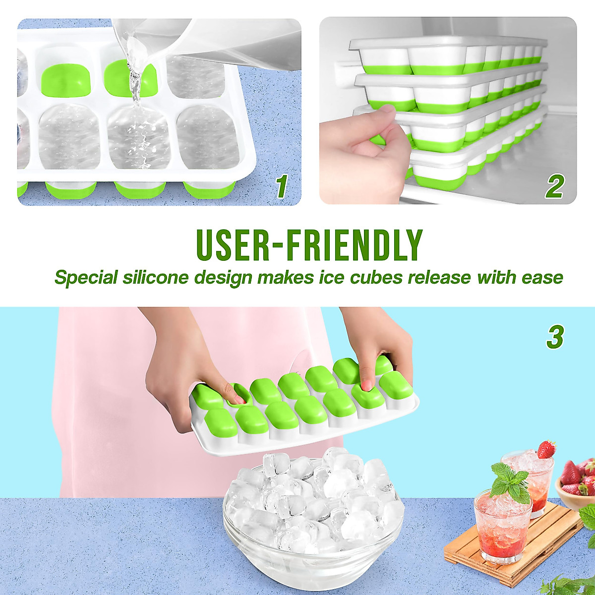 CKE Ice Cube Tray with Lid, 4 Pack Easy-Release 56 pcs Stackable Ice Molds, Plastic Silicone Ice Cube Trays for Freezer with Spill Resistant Removable Lid for Cocktail, Baby Food, Coffee