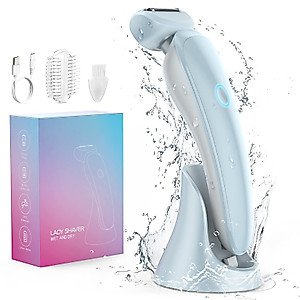 Electric Razors for Women, RenFox Electric Shaver for Women with LED Light, Body Hair Removal for Legs Underarms Pubic Hair Rechargeable Painless 3-Blades Wet Dry Use Bikini Razor with Base - Blue