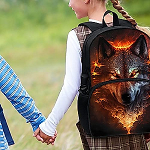 PORCLAY Fire Wolf Backpack for Kids Boys Girls Elementary Preschool Bookbag Kawaii Aesthetic Preppy Book Bag Vintage Laptop Daypack Rucksack