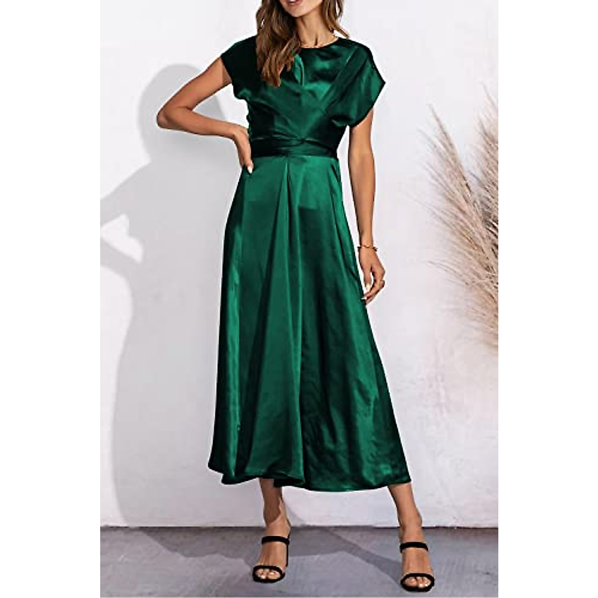 PRETTYGARDEN Women's 2023 Summer Satin Midi Dress Cap Sleeve Tie Waist Elegant A-Line Flowy Dresses (Dark Green,Large)