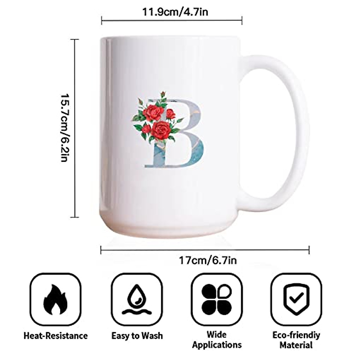 Yelolyio Watercolor Floral Monogram Coffee Mug, Alphabet Initial Letter B Coffee Cup, Monogram Mug Cup, 15oz