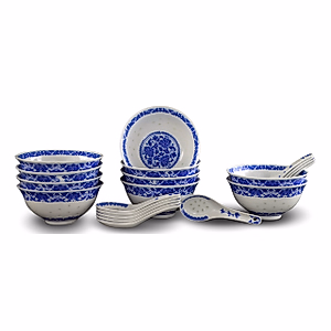 10 Pcs Fine Porcelain Blue and White Rice Pattern Bowls, Cereal Bowls, Rice Bowls with Free 10 Porcelain Spoons Jingdezhen China