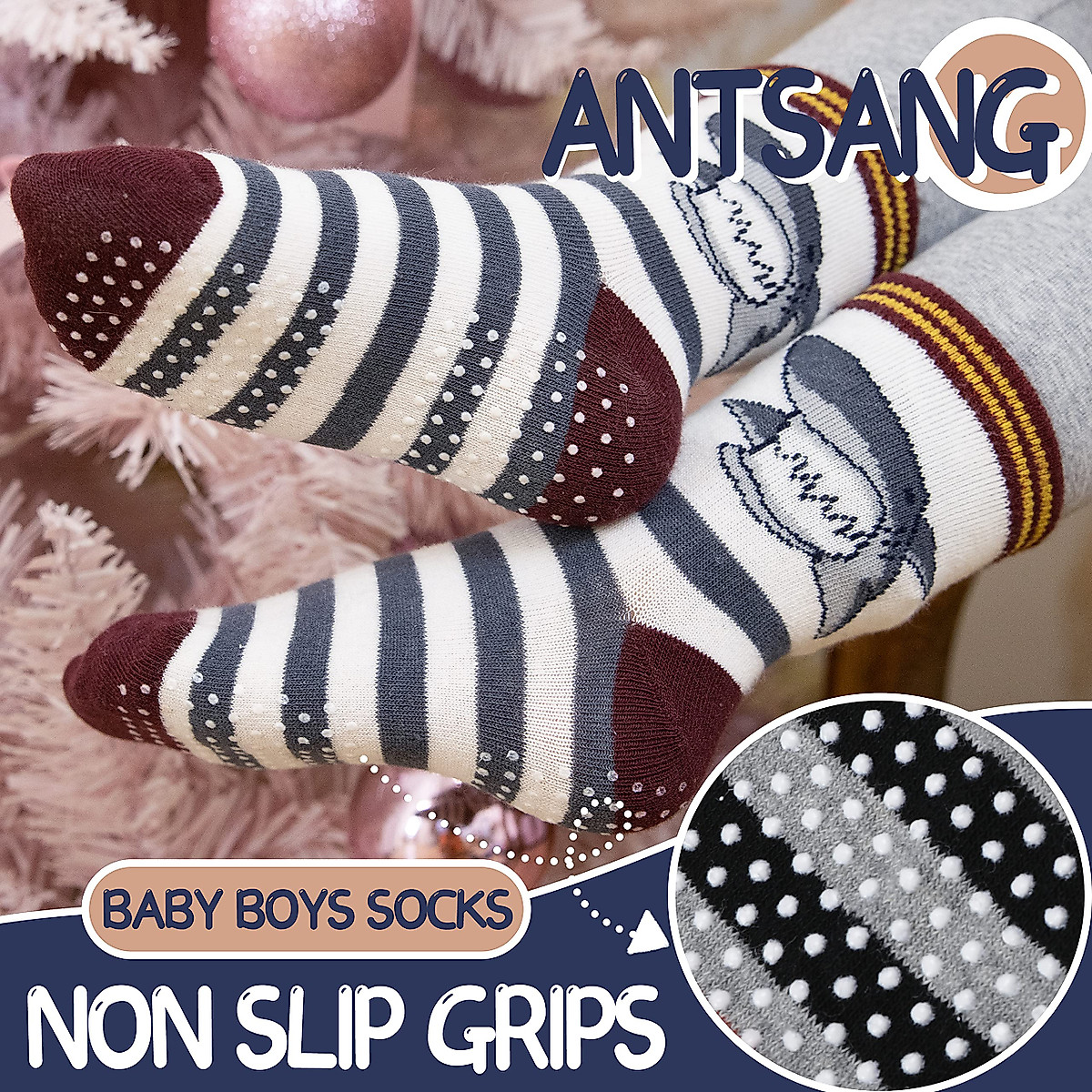 ANTSANG Baby Boys Grips Socks Kids Toddlers Infants Non Slip/Anti Skid Crew Cotton Socks 12 Pairs (Brown Striped(12 Pairs),5-8 Y)